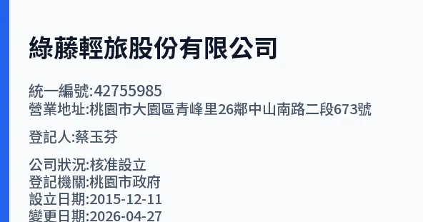 綠藤輕旅股份有限公司的照片-統編 42755985(桃園市) 公司登記資料與營業項目詳細圖表