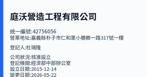 庭沃營造工程有限公司的照片-統編 42756056(嘉義縣) 公司登記資料與營業項目詳細圖表