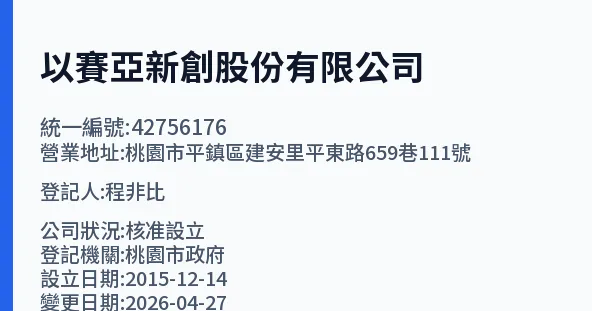 以賽亞新創股份有限公司的照片-統編 42756176(桃園市) 公司登記資料與營業項目詳細圖表