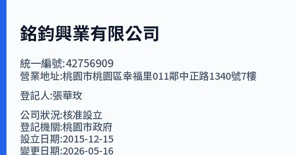 銘鈞興業有限公司的照片-統編 42756909(桃園市) 公司登記資料與營業項目詳細圖表