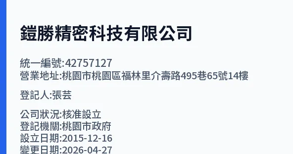 鎧勝精密科技有限公司的照片-統編 42757127(桃園市) 公司登記資料與營業項目詳細圖表