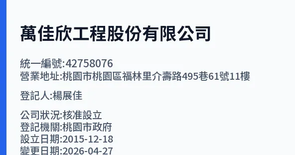 萬佳欣工程股份有限公司的照片-統編 42758076(桃園市) 公司登記資料與營業項目詳細圖表