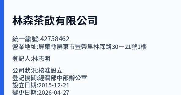 林森茶飲有限公司的照片-統編 42758462(屏東縣) 公司登記資料與營業項目詳細圖表