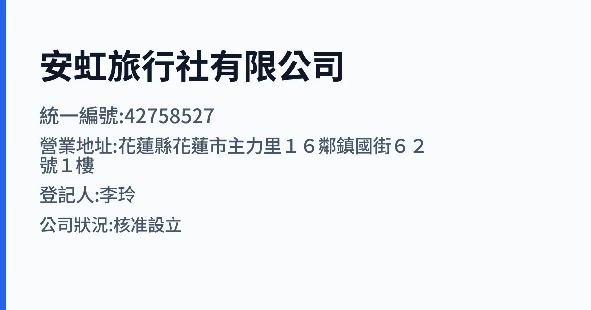 安虹旅行社有限公司 - 統編 42758527(花蓮縣) 公司登記資料與營業項目詳細圖表