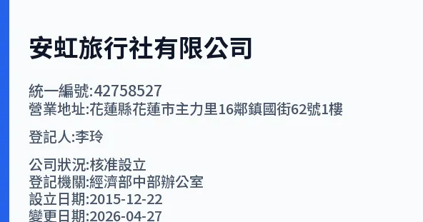 安虹旅行社有限公司的照片-統編 42758527(花蓮縣) 公司登記資料與營業項目詳細圖表