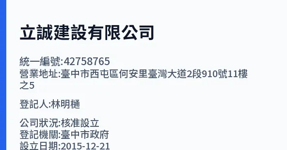 立誠建設有限公司的照片-統編 42758765(臺中市) 公司登記資料與營業項目詳細圖表