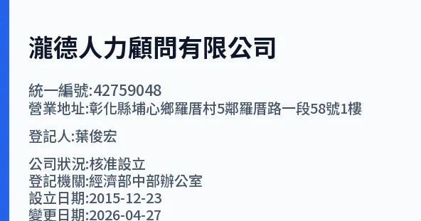 瀧德人力顧問有限公司的照片-統編 42759048(彰化縣) 公司登記資料與營業項目詳細圖表