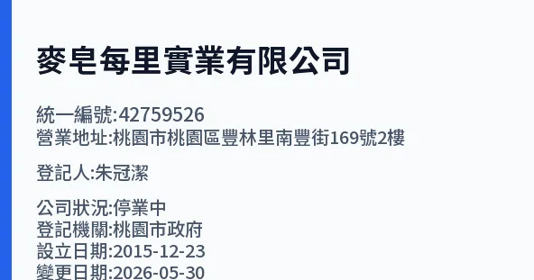 麥皂每里實業有限公司的照片-統編 42759526(桃園市) 公司登記資料與營業項目詳細圖表