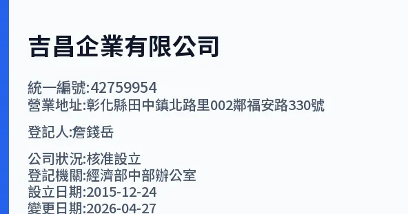 吉昌企業有限公司的照片-統編 42759954(彰化縣) 公司登記資料與營業項目詳細圖表