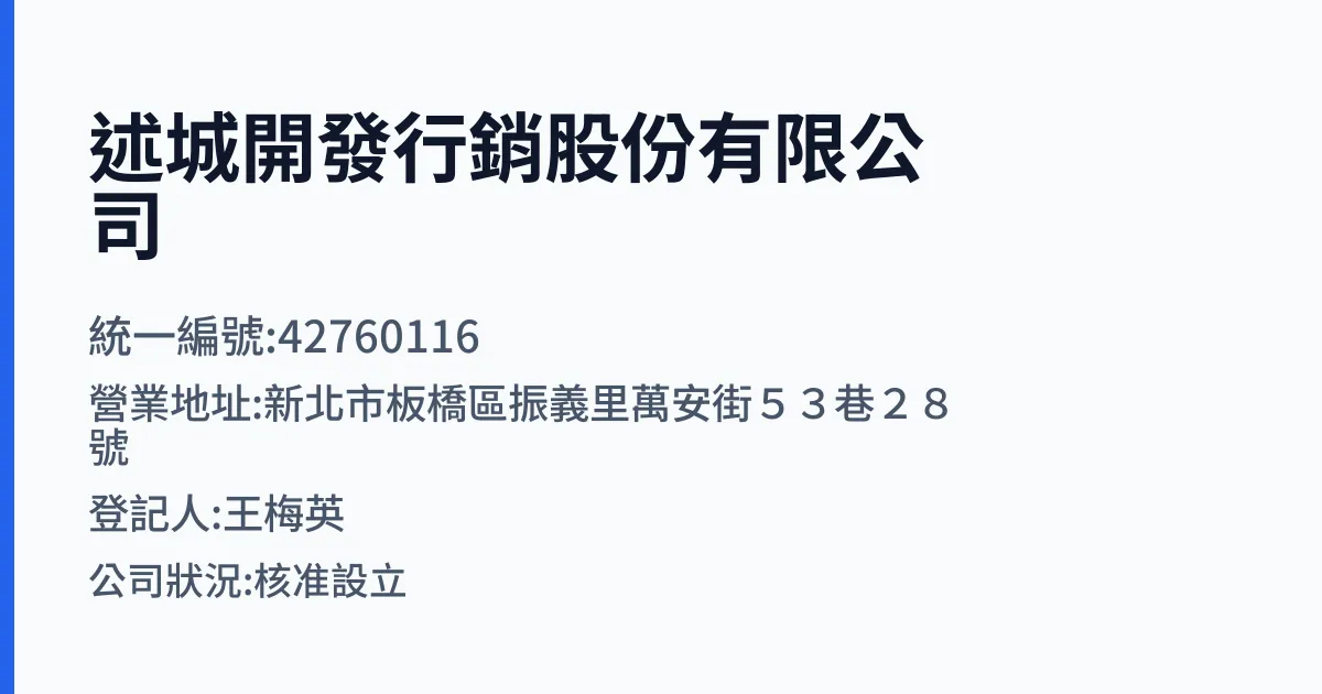 述城開發行銷股份有限公司 - 統編 42760116(新北市) 公司登記資料與營業項目詳細圖表