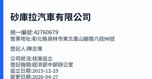 砂庫拉汽車有限公司的照片-統編 42760679(彰化縣) 公司登記資料與營業項目詳細圖表