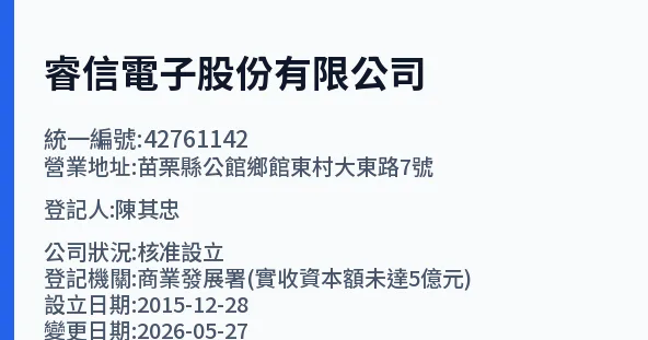 睿信電子股份有限公司的照片-統編 42761142(苗栗縣) 公司登記資料與營業項目詳細圖表