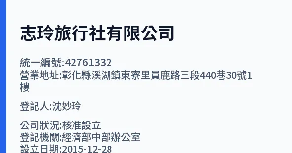 志玲旅行社有限公司的照片-統編 42761332(彰化縣) 公司登記資料與營業項目詳細圖表