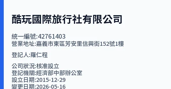 酷玩國際旅行社有限公司的照片-統編 42761403(嘉義市) 公司登記資料與營業項目詳細圖表