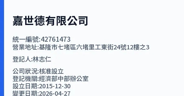 嘉世德有限公司的照片-統編 42761473(基隆市) 公司登記資料與營業項目詳細圖表