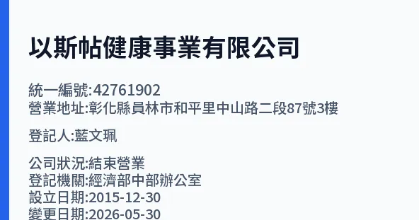 以斯帖健康事業有限公司的照片-統編 42761902(彰化縣) 公司登記資料與營業項目詳細圖表