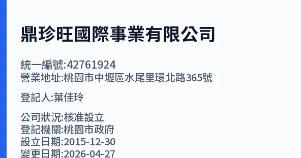 鼎珍旺國際事業有限公司的照片-統編 42761924(桃園市) 公司登記資料與營業項目詳細圖表
