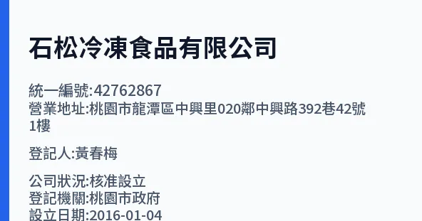 石松冷凍食品有限公司的照片-統編 42762867(桃園市) 公司登記資料與營業項目詳細圖表