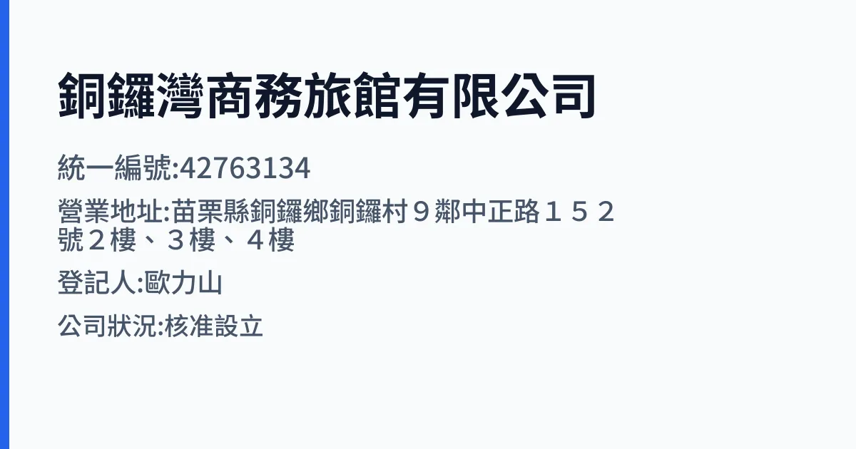 銅鑼灣商務旅館有限公司 - 統編 42763134(苗栗縣) 公司登記資料與營業項目詳細圖表