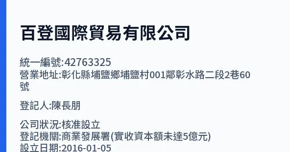 百登國際貿易有限公司的照片-統編 42763325(彰化縣) 公司登記資料與營業項目詳細圖表