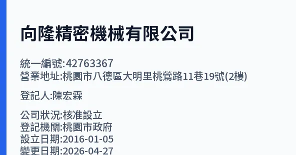 向隆精密機械有限公司的照片-統編 42763367(桃園市) 公司登記資料與營業項目詳細圖表
