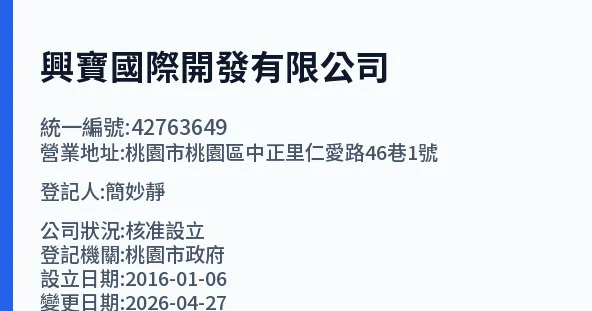興寶國際開發有限公司的照片-統編 42763649(桃園市) 公司登記資料與營業項目詳細圖表