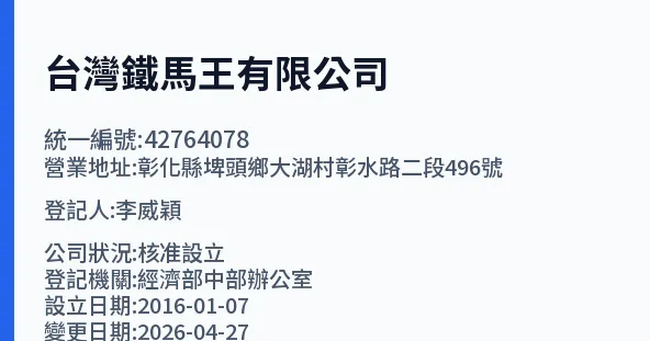 台灣鐵馬王有限公司的照片-統編 42764078(彰化縣) 公司登記資料與營業項目詳細圖表