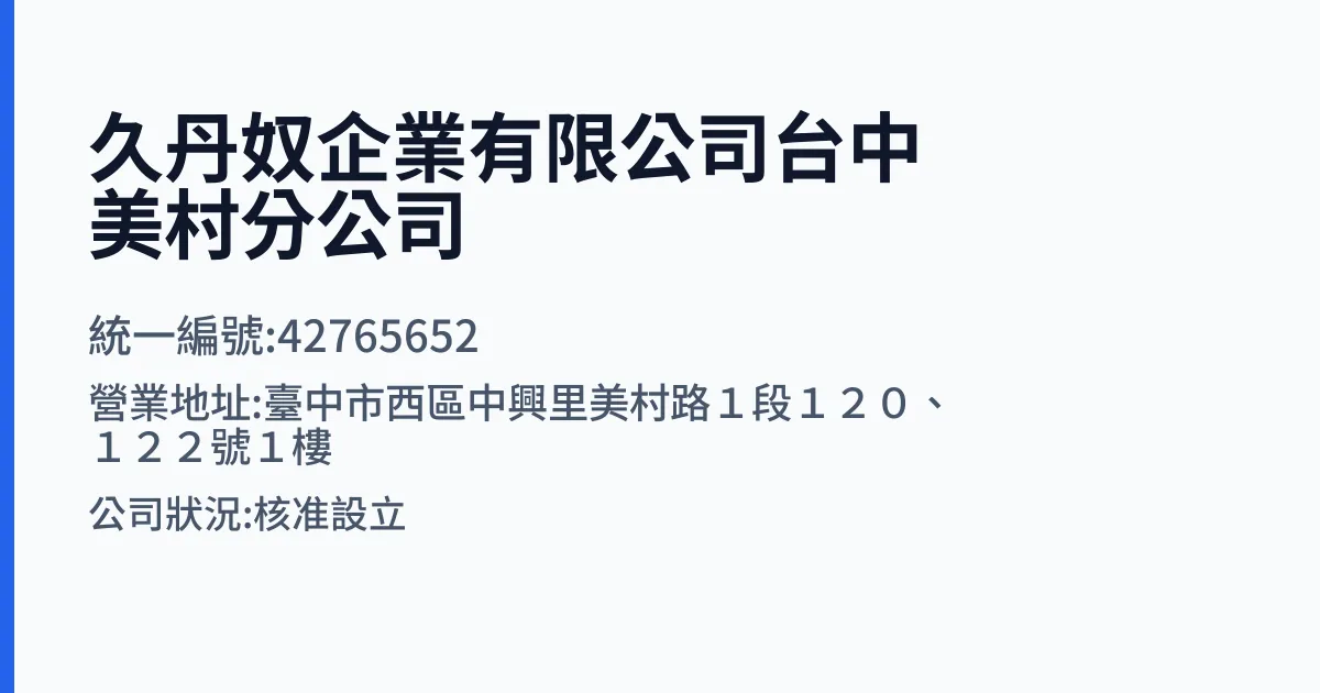 久丹奴企業有限公司台中美村分公司 - 統編 42765652(臺中市) 公司登記資料與營業項目詳細圖表