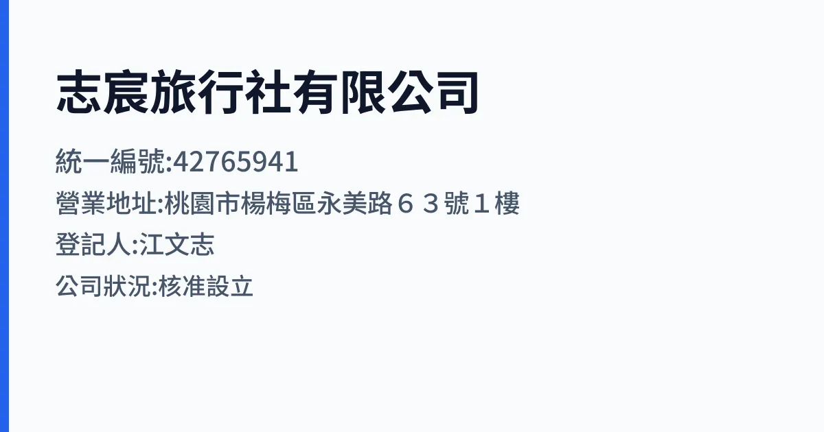 志宸旅行社有限公司 - 統編 42765941(桃園市) 公司登記資料與營業項目詳細圖表