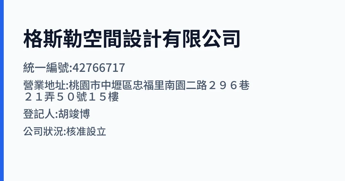 格斯勒空間設計有限公司 - 統編 42766717(桃園市) 公司登記資料與營業項目詳細圖表