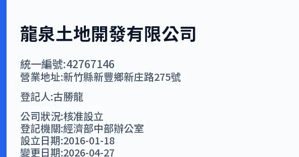 龍泉土地開發有限公司的照片-統編 42767146(新竹縣) 公司登記資料與營業項目詳細圖表
