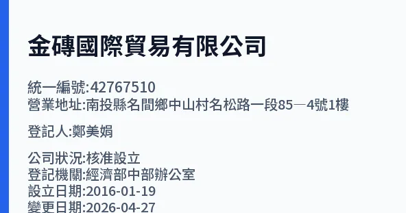 金磚國際貿易有限公司的照片-統編 42767510(南投縣) 公司登記資料與營業項目詳細圖表