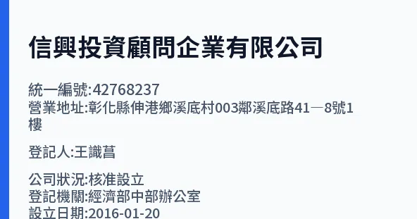 信興投資顧問企業有限公司的照片-統編 42768237(彰化縣) 公司登記資料與營業項目詳細圖表