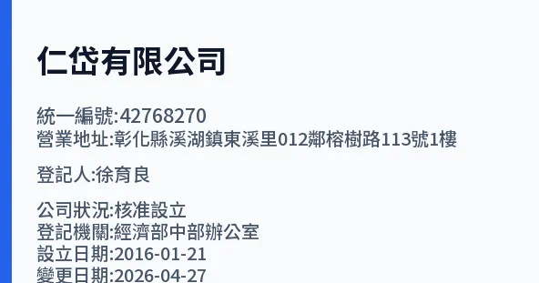 仁岱有限公司的照片-統編 42768270(彰化縣) 公司登記資料與營業項目詳細圖表