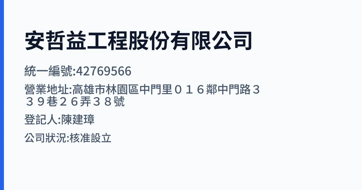 安哲益工程股份有限公司 - 統編 42769566(高雄市) 公司登記資料與營業項目詳細圖表