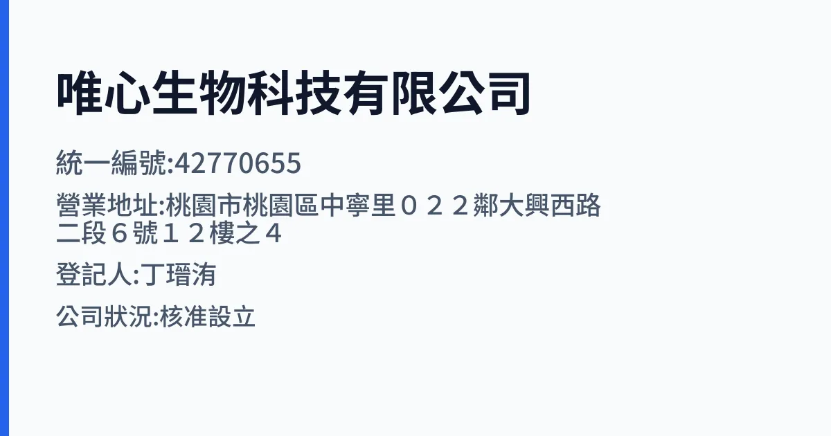 唯心生物科技有限公司 - 統編 42770655(桃園市) 公司登記資料與營業項目詳細圖表