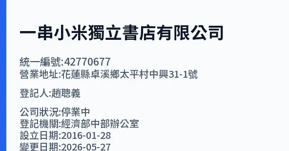一串小米獨立書店有限公司的照片-統編 42770677(花蓮縣) 公司登記資料與營業項目詳細圖表