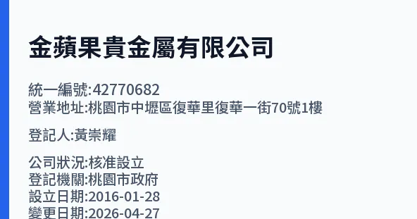 金蘋果貴金屬有限公司的照片-統編 42770682(桃園市) 公司登記資料與營業項目詳細圖表