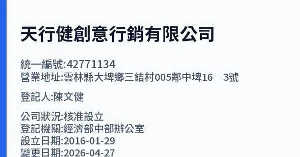 天行健創意行銷有限公司的照片-統編 42771134(雲林縣) 公司登記資料與營業項目詳細圖表