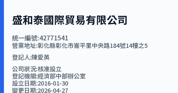 盛和泰國際貿易有限公司的照片-統編 42771541(彰化縣) 公司登記資料與營業項目詳細圖表