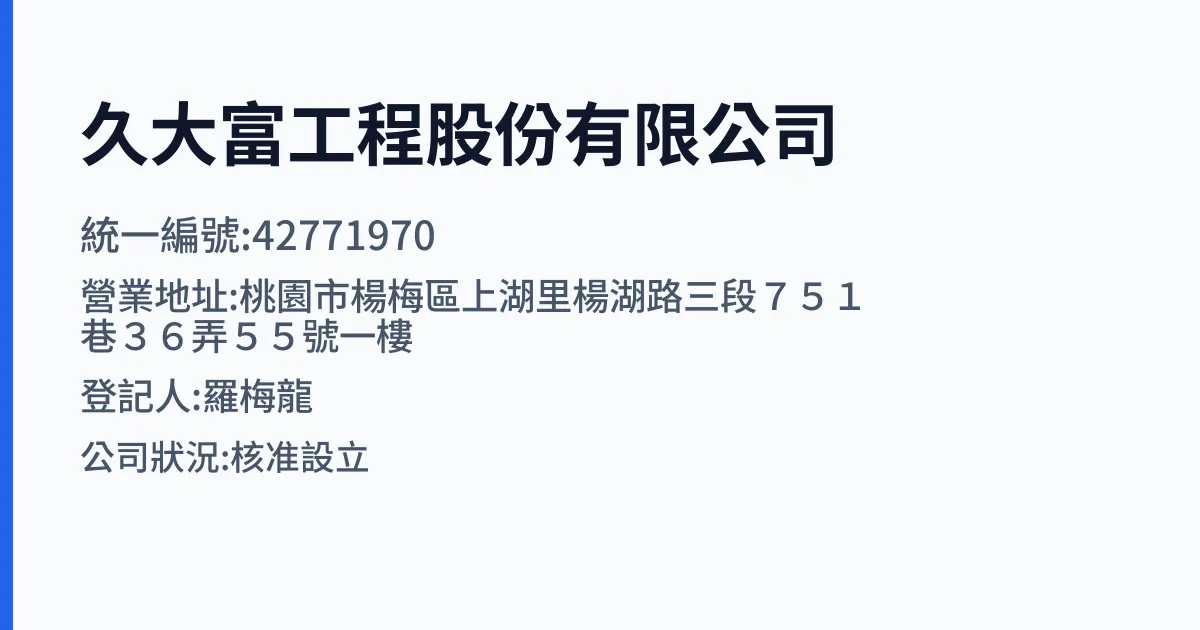 久大富工程股份有限公司 - 統編 42771970(桃園市) 公司登記資料與營業項目詳細圖表