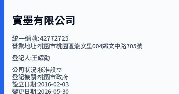 實墨有限公司的照片-統編 42772725(桃園市) 公司登記資料與營業項目詳細圖表