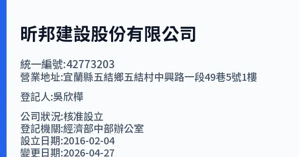 昕邦建設股份有限公司的照片-統編 42773203(宜蘭縣) 公司登記資料與營業項目詳細圖表