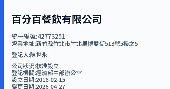 百分百餐飲有限公司的照片-統編 42773251(新竹縣) 公司登記資料與營業項目詳細圖表
