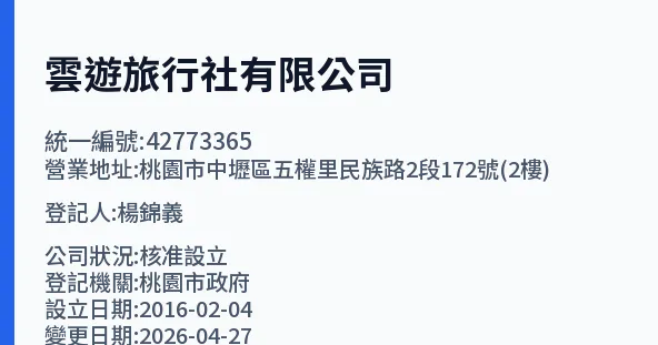 雲遊旅行社有限公司的照片-統編 42773365(桃園市) 公司登記資料與營業項目詳細圖表