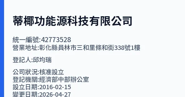 蒂椰功能源科技有限公司的照片-統編 42773528(彰化縣) 公司登記資料與營業項目詳細圖表
