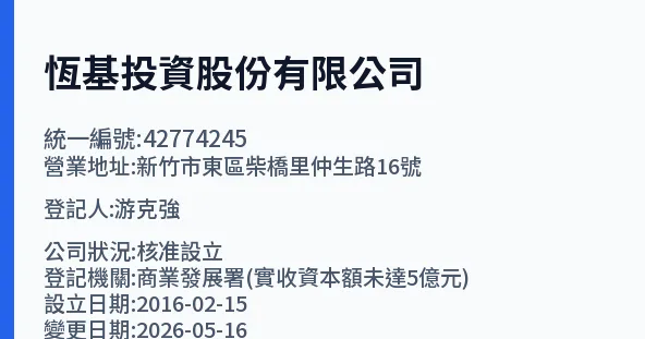 恆基投資股份有限公司的照片-統編 42774245(新竹市) 公司登記資料與營業項目詳細圖表