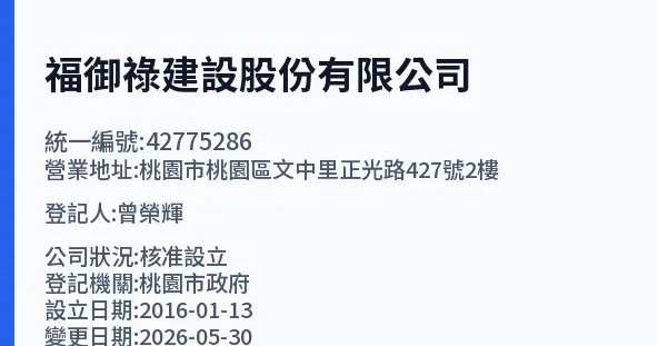 福御祿建設股份有限公司的照片-統編 42775286(桃園市) 公司登記資料與營業項目詳細圖表