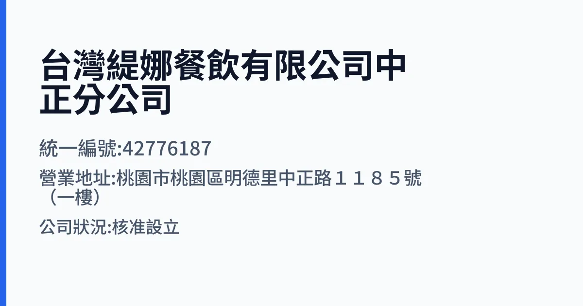 台灣緹娜餐飲有限公司中正分公司 - 統編 42776187(桃園市) 公司登記資料與營業項目詳細圖表