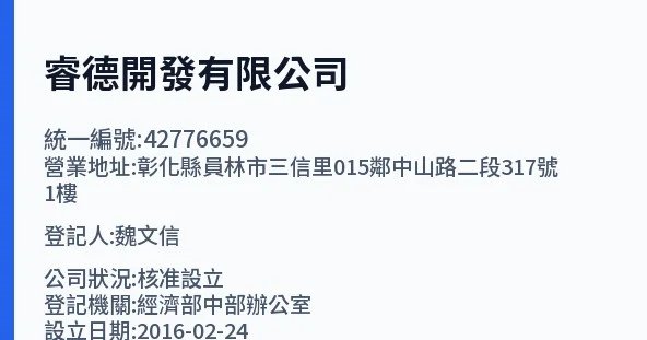 睿德開發有限公司的照片-統編 42776659(彰化縣) 公司登記資料與營業項目詳細圖表